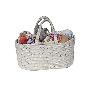 Baby Rope Diaper Caddy Organizer - Premium Large Hand Woven White Rope Organizer with Gold Accents. Great Storage Organization Basket for Newborn Diapers. Great Nursery Decor or Portable Baby Bag.