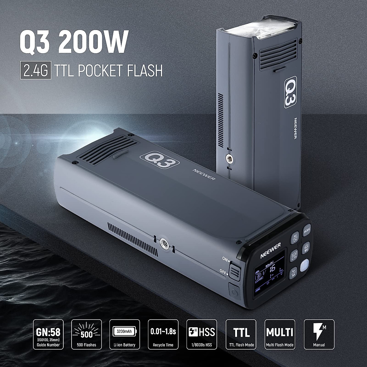 NEEWER Q3 200Ws 2.4G TTL Flash (2nd Version), 1/8000 HSS Strobe Light Photography Monolight with QPRO-C Trigger Compatible with Canon, Diffuser/3200mAh Battery/500 Full Power Pops/Recycle in 0.01-1.8s
