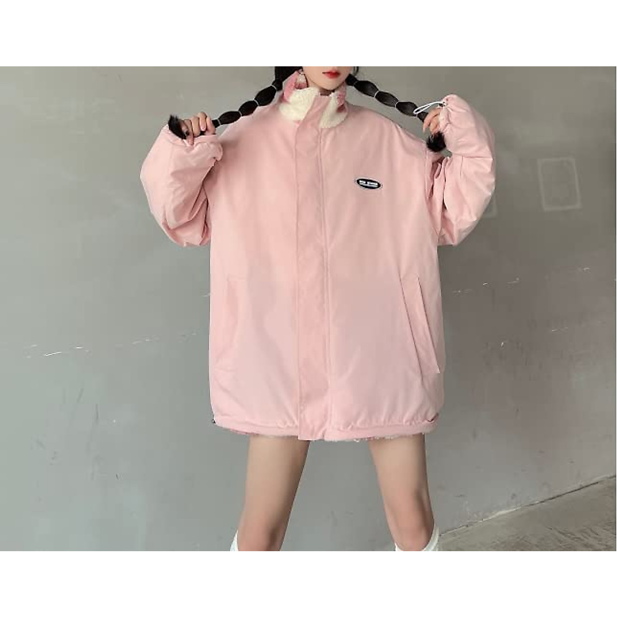 Women's Fleece Sherpa Jackets Reversible Kawaii Heart Print Fuzzy Zip Up Coats Aesthetic Y2k Winter Oversized Outwear (Pink,XL)