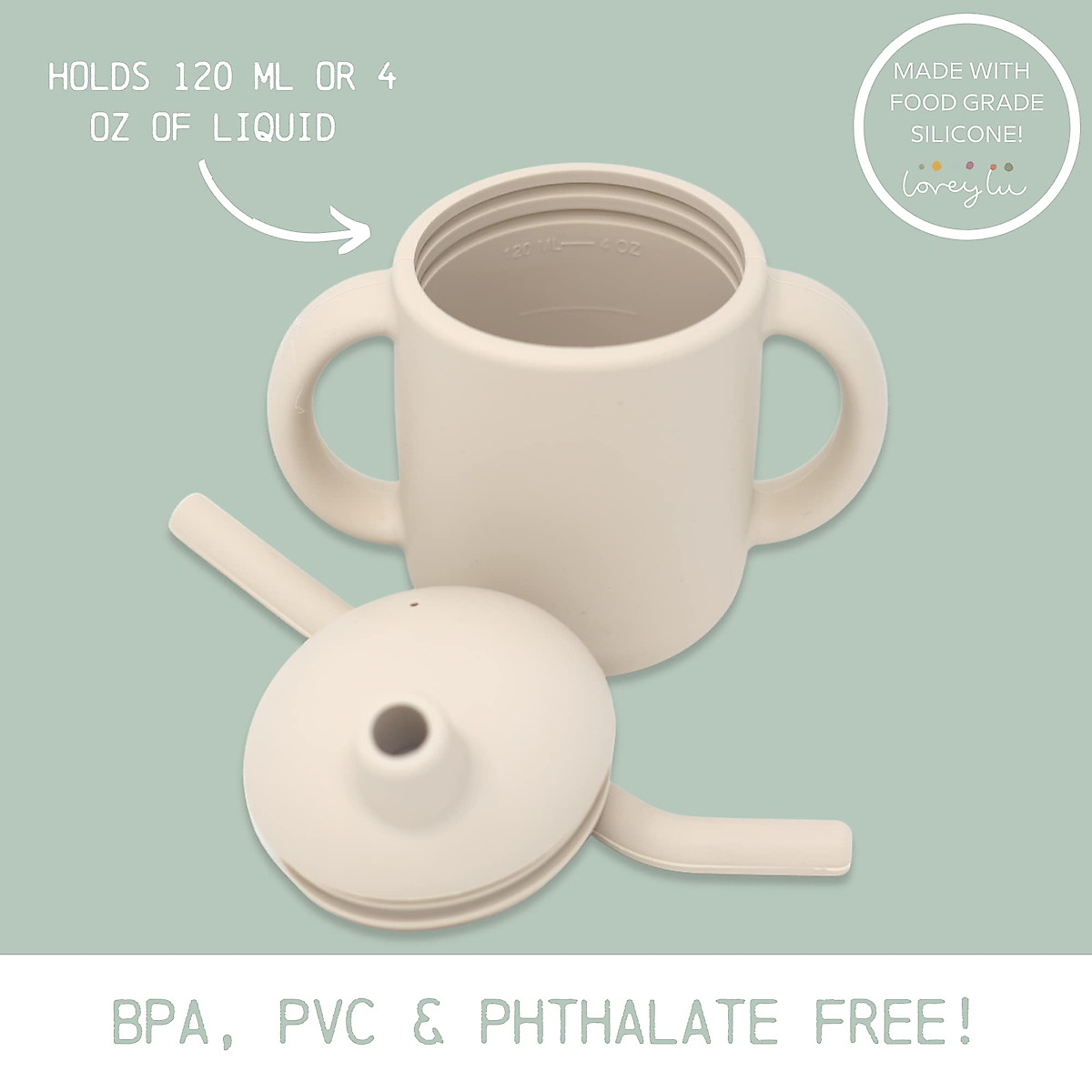 LoveyLu Silicone Sippy Cup, Toddler Cup With Straw, Training Soft Spout Cups for Toddlers With Handles, No Spill Lids, Durable, Drop Proof, Easy Grip, Microwave, Dishwasher, and Freezer Safe, Sand