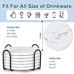 Absorbent Coasters for Drinks ,Ceramic Coaster Set of 6 with Holder, Durable Cup Coaster for Coffee Table with Cork Base for Table Protection, Housewarming Birthday Gifts, Home Decor (White Marble)