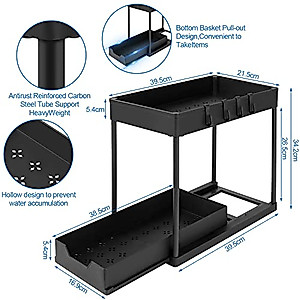 Sifxouped Under Sink Organizers and Storage, Two Tier Pull Out Cabinet Organizer with Hooks, 2 Pcs Under Sink Cabinet Basket with Sliding Drawers, Kitchen Bathroom, Black