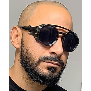 MUDIWRLO Polarized Round Steampunk Sunglasses with Leather Side Double Bridge Shield Retro Eyewear for Men Women(Black)