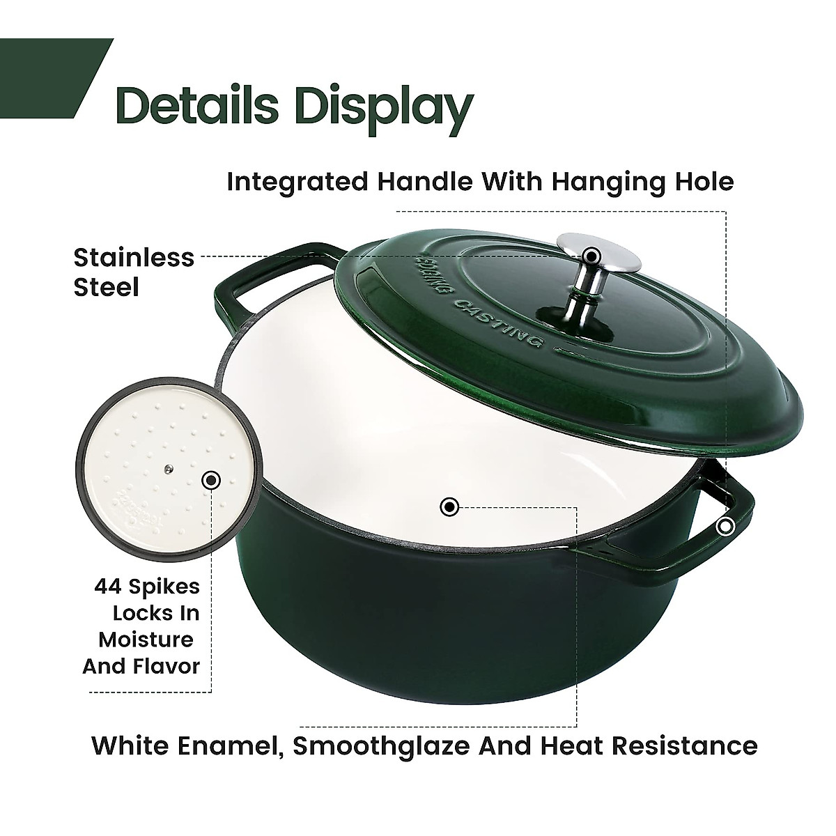 Enameled Cast Iron Dutch Oven with Lid, Enamel Dutch Oven Pot with Handles, Enamel Cast Iron Dutch Oven Cookware Casserole Braiser for Soup, Meat, Bread, Baking (7.5 quart, Green)