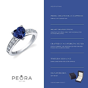 PEORA Created Blue Sapphire Heart Promise Ring for Women 925 Sterling Silver, 1.75 Carats Heart Shape 7mm, Comfort Fit, Size 9