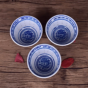 Woonsoon Chinese Handmade Kungfu Tea Cup 70 ml,Bone China Blue and White Tea Cups Set of 3,Ceramic Tea Mugs Without Handles,Best Gift