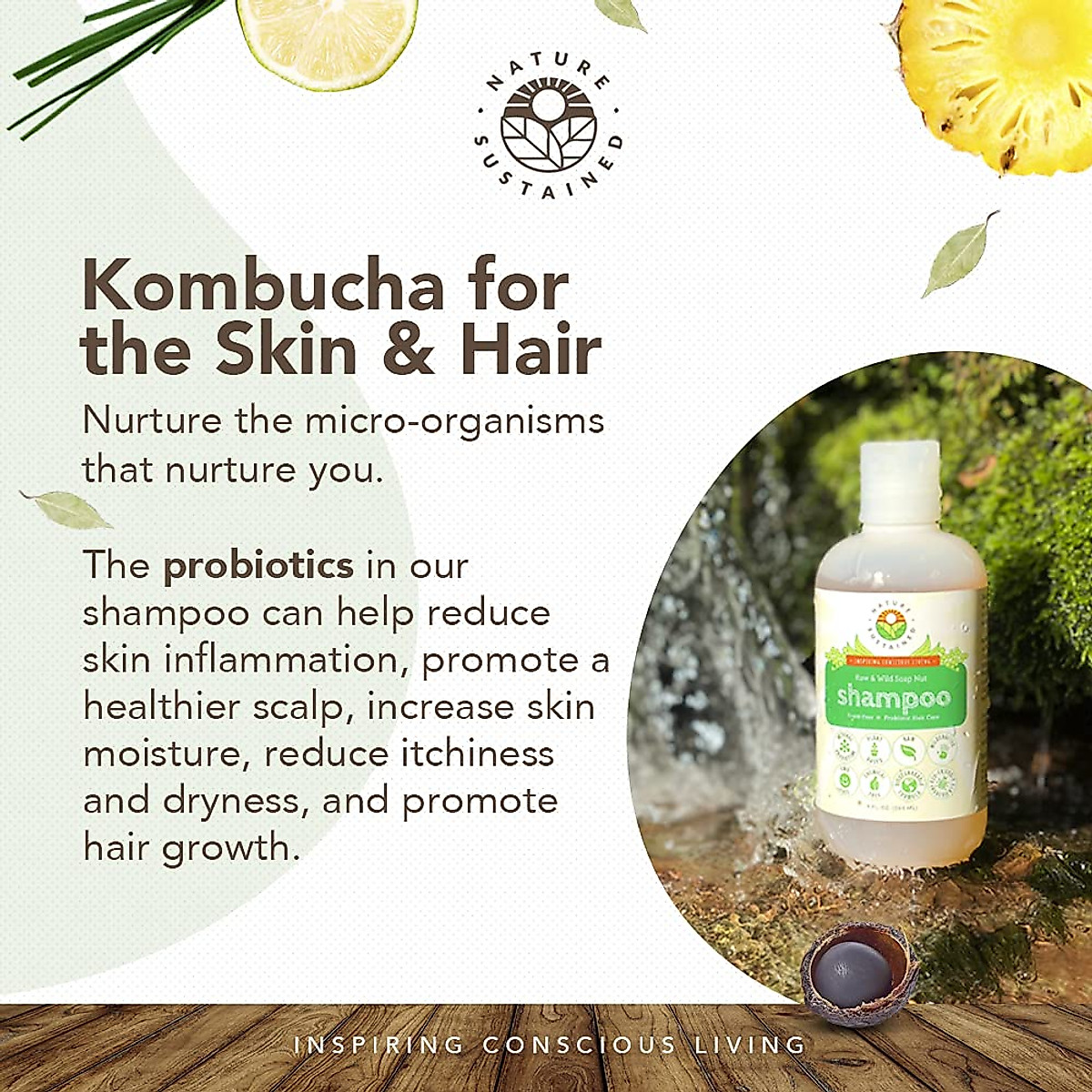 Nature Sustained Organic Shampoo - Raw & Wildcrafted with Probiotics, Hypoallergenic Natural & Sulfate Free Shampoo for Sensitive Scalp, Dry Hair, Dandruff, Eczema & Psoriasis, 9oz, Lemongrass