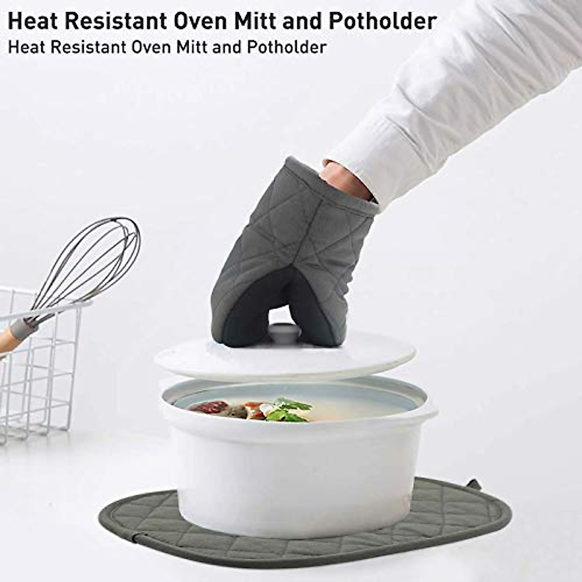 Mini Oven Mitts, 2 Pack Heat Resistant 300 ºF Little Oven Gloves Pot Holder Neoprene Cotton Trivet for Kitchen Cooking - Non-Slip Grip, Hanging Loop, 7 x 6 Inches, Grey (Grey)