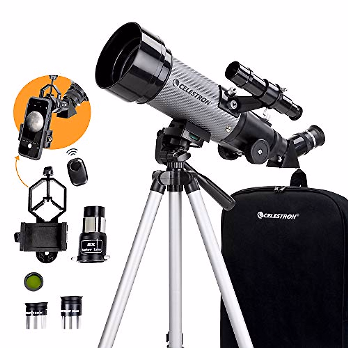 Celestron - 70mm Travel Scope DX - Portable Refractor Telescope - Fully-Coated Glass Optics - Ideal Telescope for Beginners - BONUS Astronomy Software Package - Digiscoping Smartphone Adapter