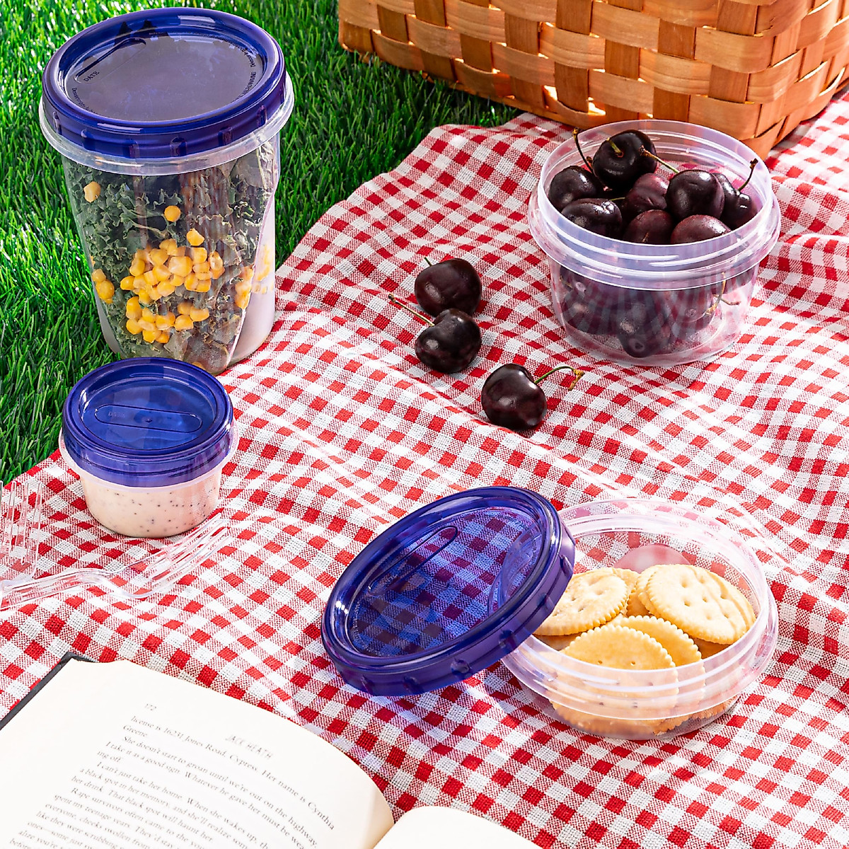 PLASTICPRO 24 Pack Twist Top Containers Assorted Sizes Plastic Food Storage Containers with Blue Twist on Lids Stackable Reusable