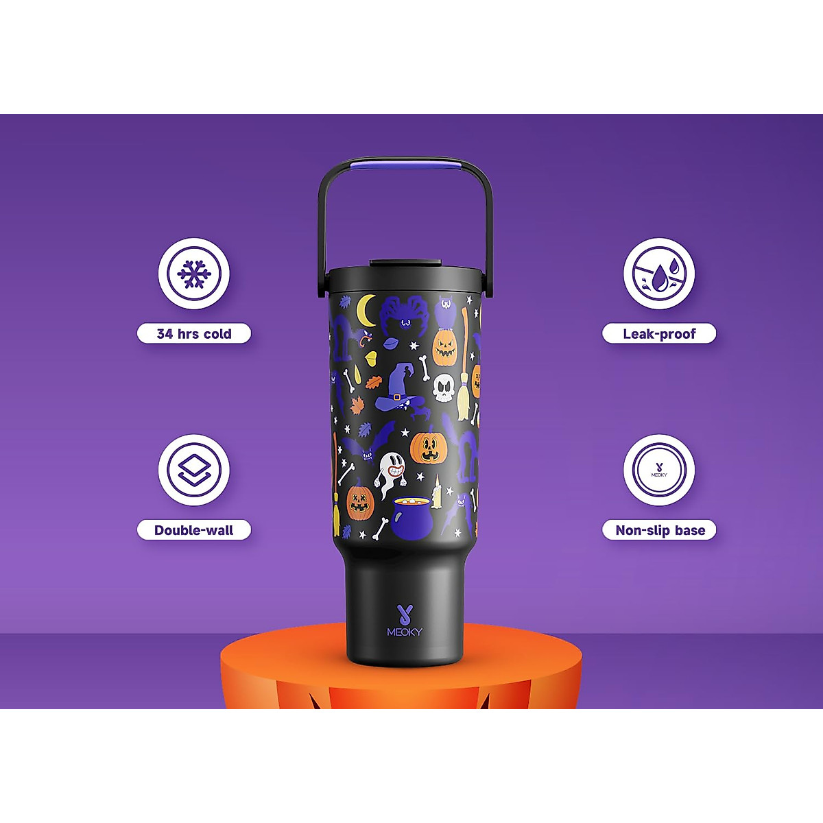 Meoky 40 oz Halloween Tumbler with Handle and Straw, Glow in the Dark Insulated Water Bottle, Stainless Steel Travel Mug, Keeps Cold for 34 Hours, Fits in Car Cup Holder (Haunted Pumpkin)