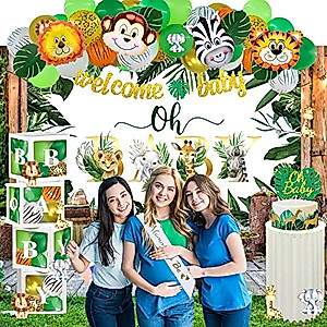 143 PCs Safari Baby Shower Decorations for Boy, Fiesec Jungle Themed Décor Oh Baby Backdrop Balloon Garland Arch Artificial Leaves Box Cutout Glitter Banner Cake Cupcake Topper Zebra Tiger Lion Green