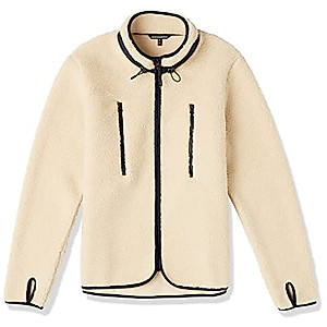 Amazon Essentials Men's Teddy Fleece Full-Zip Mock Neck Jacket with Chest Pockets, Beige, X-Large