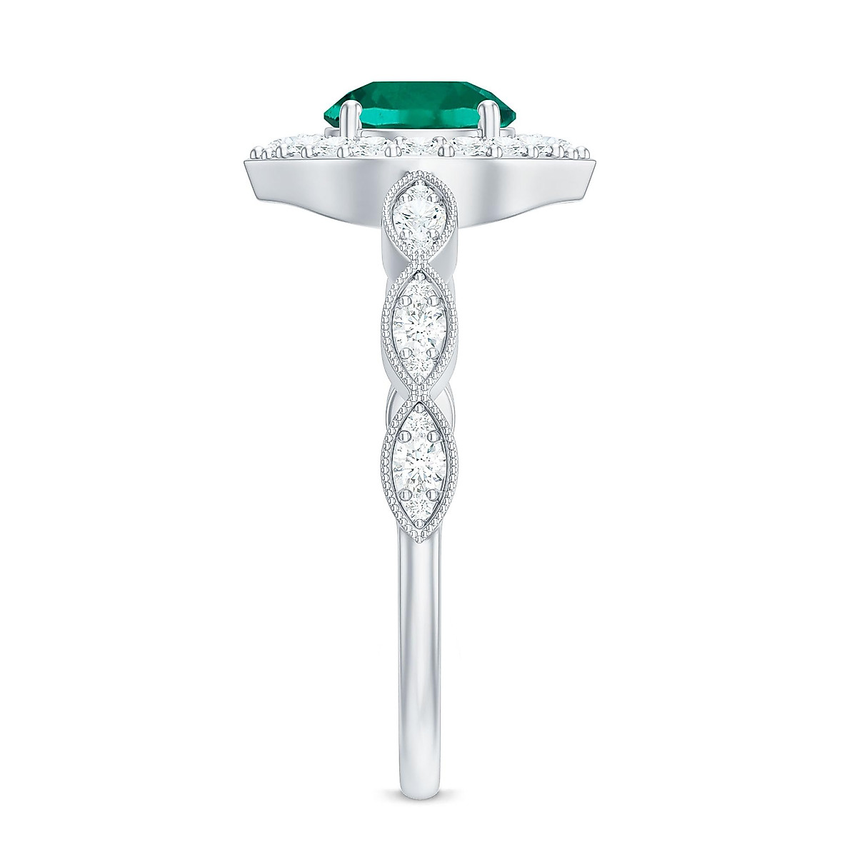 Lab Grown Emerald Diamond Engagement Ring, AAAA Quality, Certified 6 MM Round Emerald Halo Ring (With Jewelry Box), 14K White Gold, Size:US 5.00