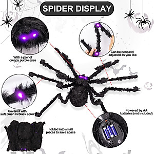 Spider Halloween Decorations Outdoor - 5ft Giant Halloween Spider with Purple Lights and 9ft Spider Wed for Outside Cary Halloween Yard Haunted House Decorations Indoor