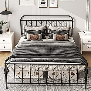 Saudism Queen Size Metal Bed Frame, 14.6" Queen Platform Bed Frame, Mattress Foundation with Victorian Style Iron-Art Headboard, Easy Assembly, Sturdy and Durable, No Box Spring Needed, Black