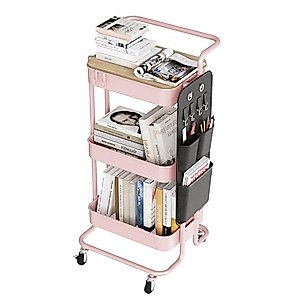 DTK 3 Tier Metal Utility Rolling Cart with Table Top and Side Bags, Metal Tray Storage Organizer Cart with Wheels, Art Craft Cart with 4 Hooks for Kitchen Bathroom Office Living Room (Pink)