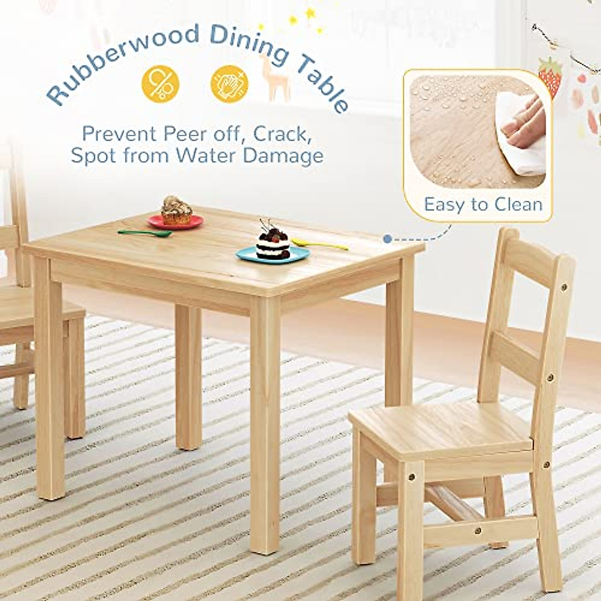 Curipper Rubberwood Kids Table and 2 Chair Set, Water Resistant Toddler Table and Chair Set, Non-Slip Pad and Waterfall Edge, Easy to Clean,Ideal Children Table Set for Bedroom, Playroom,Natural Wood