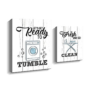 Kas Home 2 Panels Laundry Room Decor Laundry Room Wall Sign Tumble Fresh Clean Canvas Laundry Wall Art Plaque Farmhouse Laundry Rules Wall Decor (White - laundry, 12 x 15 inch + 8.6 x 11 inch)