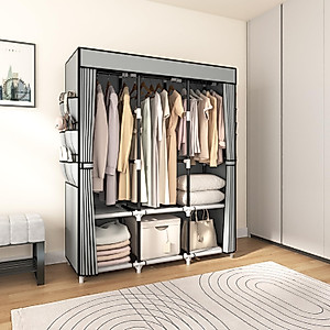 VTRIN Portable Closet, Wardrobe Closet for Hanging Clothes Closet with Cover, 3 Hanging rods, 6 Storage Shelves and Side Pockets, Diameter 19mm Metal Pipe, Free Standing Closet for Bedroom