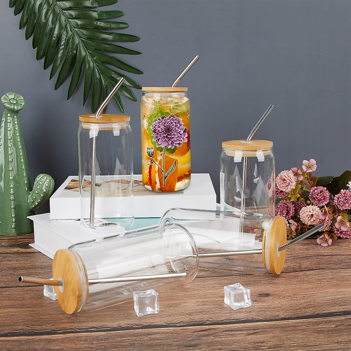 Custom Beer Can Glass Personalized Glass Tumbler Can Cup with Bamboo Lid and Straw Birth Flower Beer Cup Soda Can Glass Coffee Cup Glass Unique Drinking Glass Iced Tea Glass Smoothie to Go Cup