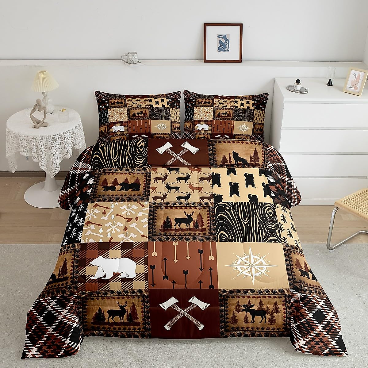 Bear Comforter Set Cute Elk Print Bedding Set for Teens Farmhouse Wild Animals Style Bedding Set Plaid Grid Geocmetric Brown Black Duvet Set Room Decor 2Pcs with 1 Pillow Case Twin Size