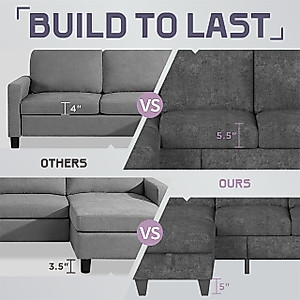 Sectional Sofa L-Shaped Couch, Snowflake Fabric Couch for Living Room with Reversible Storage Chaise & Side Storage Pockets, 3-Seat Sofa for Living Room/Apartment/Dorm/Office/Small Space (Gray)