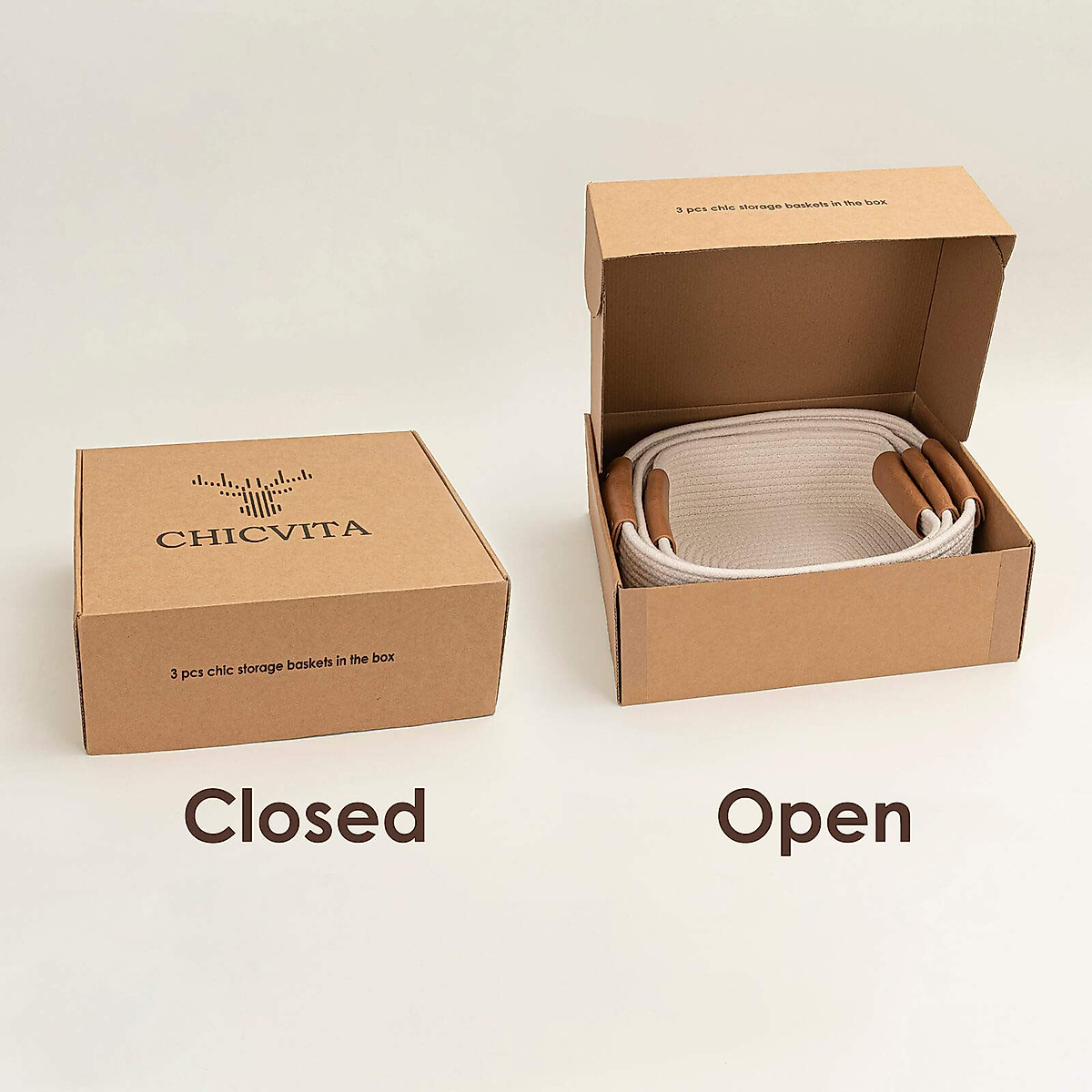 CHICVITA Black Woven Storage Basket, Toy Bin for Living Room, Decorative Rope Basket for Books, Towels, Maganizes, Rectangle Shelf Baskets, Gift Basket Set of 3