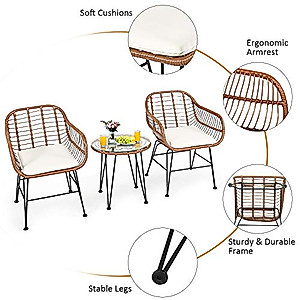 Tangkula 3 Pieces Patio Conversation Bistro Set, Outdoor Wicker Furniture w/Round Tempered Glass Top Table & 2 Rattan Armchairs, Bistro Chat Set w/Seat Cushions for Porch, Backyard, Garden (White)