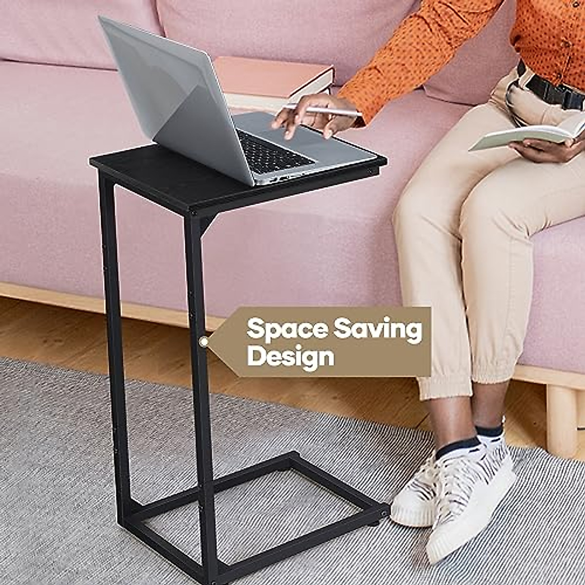 Nandae C Shaped End Table, Rustic Tray Side Table Bedside Table with Metal Frame for Laptop, Snack, Sofa Couch, Bed Living Room Bedroom, Black