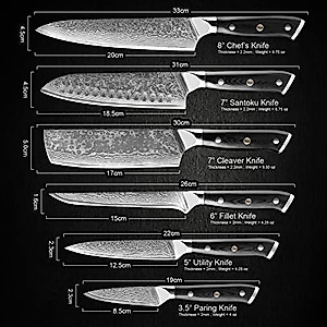 SENKEN 6-Piece Damascus Steel Kitchen Knife Set - Shogun Collection - 67-Layer Japanese VG10 Steel - Chef's Knife, Cleaver Knife, & More, Extremely Sharp Blades for Effortless Cutting, Luxury Gift Box