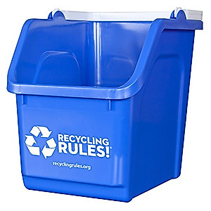 Recycling Rules 6 Gallon Stackable Recycling Bin Container in Blue, Eco-Friendly BPA-Free Handy Recycler with Handle, 4-Pack