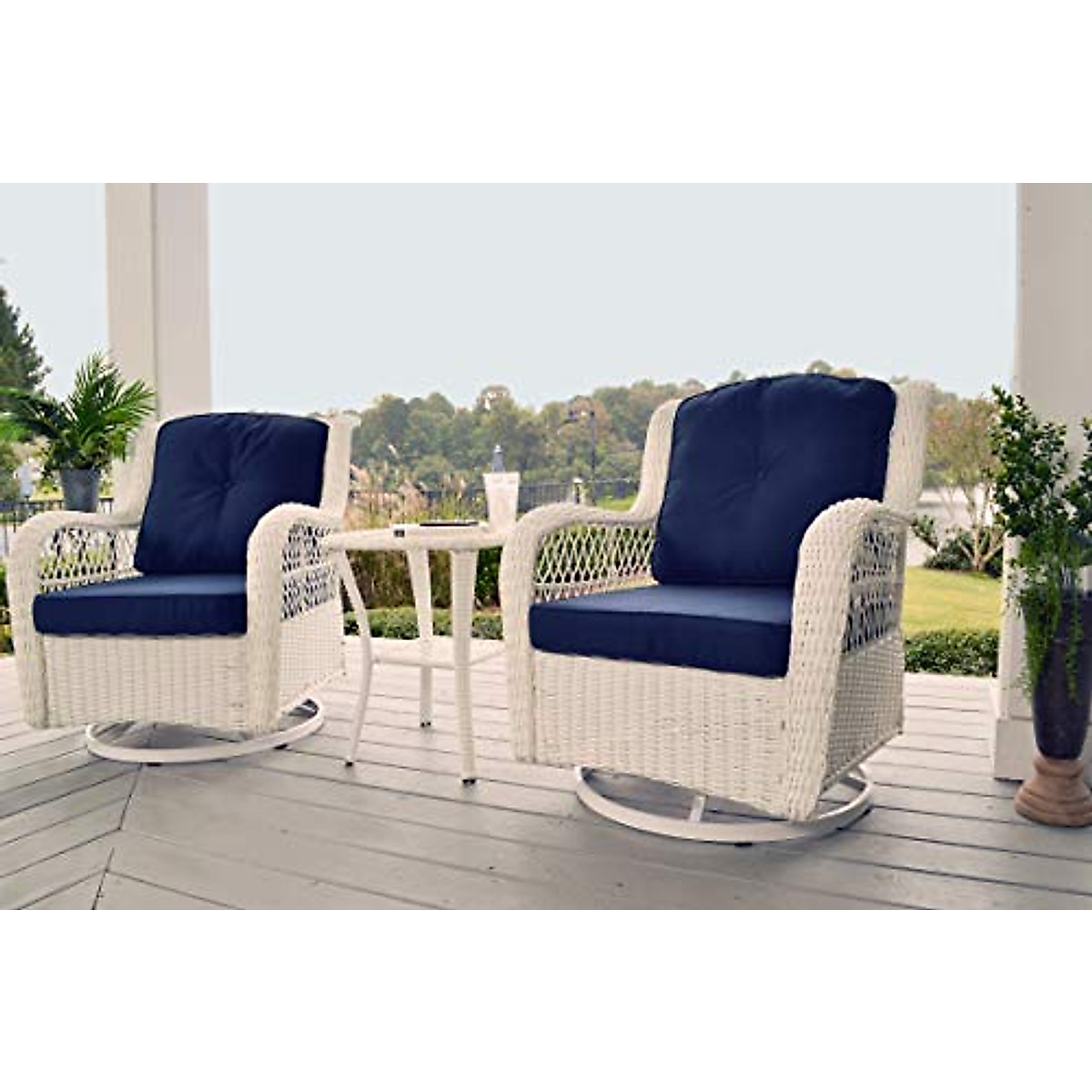Tortuga Outdoor RIO-3BS-SET-WH Rio Vista 3 Piece Bistro Set Patio Furniture, White Wicker and Navy Blue Cushions