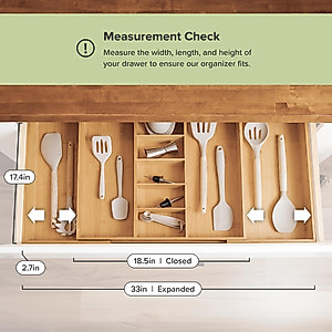 KitchenEdge Adjustable Kitchen Drawer Organizer for Utensils and Junk, Expandable to 33 Inches Wide, 9 Compartments, 100% Bamboo