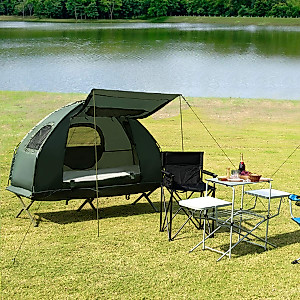 Double Tent Bed, Portable Camping Tent with Air Mattress and Pillow, Folding Camping Cot of Metal Frame, Double Sleep Bag with Polyester Canopy, for Outdoor Family Camping Picnic - Military Green
