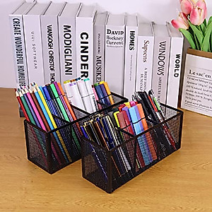 Flytreal Black Mesh Pen Pencil Holder, Small Metal Desk Organizer Desktop Stationery Office Supplies Acessories Storage Stand, 3 Compartments Brushes Holder for Home School Classroom Teachers