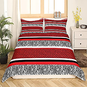 Erosebridal Red Leopard Bedding Set Twin Black White Zebra Cheetah Print Comforter Cover for Boys Girls Adults Wildlife Animal Duvet Cover Leopard Cheetah Bedspread Cover Wild Theme Room Decor 2 Pcs