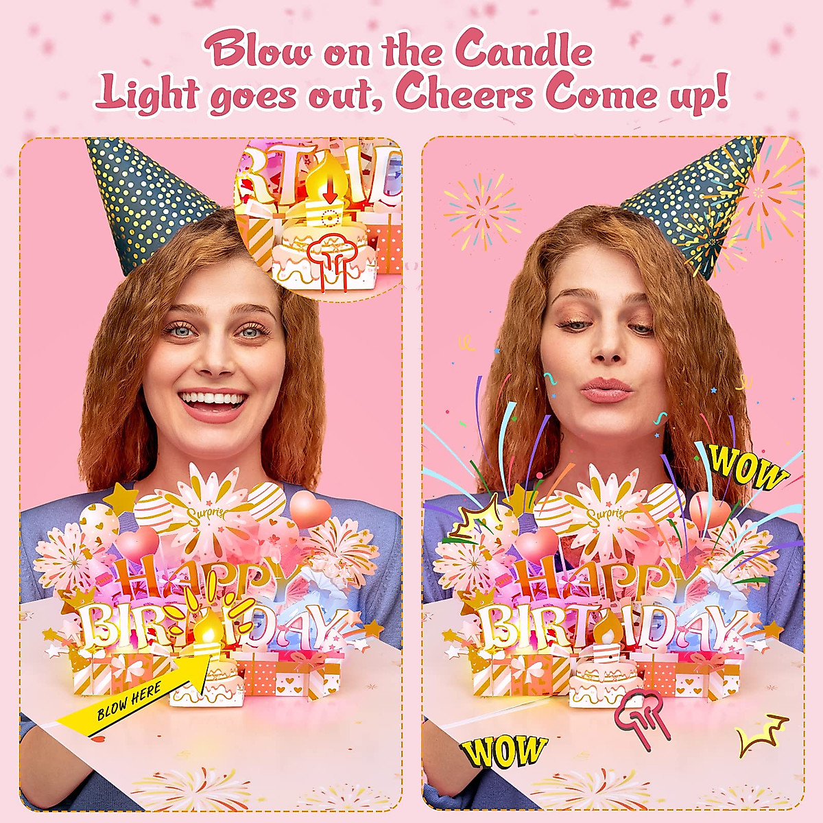 INPHER Birthday Cards for Women Pop Up Happy Birthday Card Blowable LED Candle Light and Music Birthday Gifts for Women Mom Wife Grandma Rose Gold