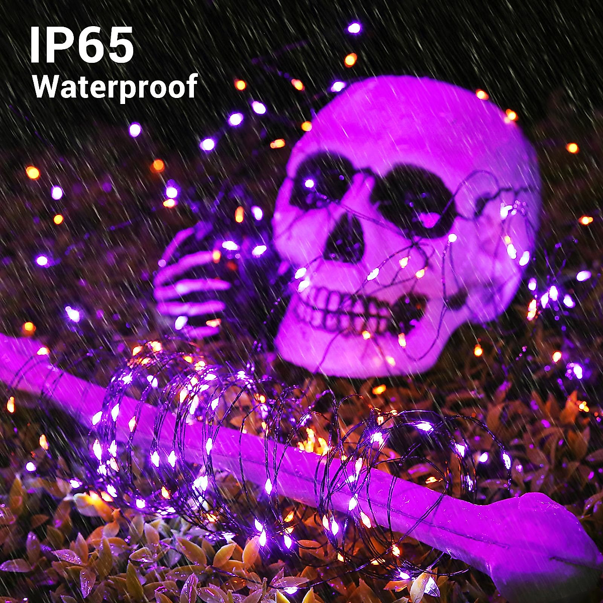 Solar Halloween Lights Outdoor - 4 Pack Total 135ft 400 LED Solar Fairy Lights Waterproof 8 Modes Twinkle Black Wire String Lights for Halloween Party DIY Decoration (Orange Purple)