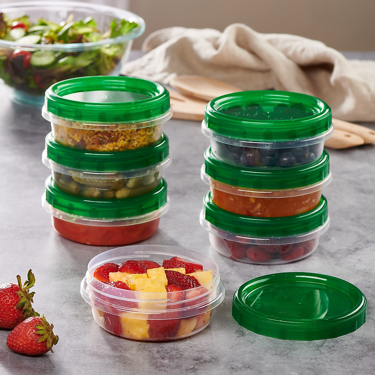 PLASTICPRO 6 Pack Twist Cap Food Storage Containers with Green Screw on Lid- 8 oz Reusable Meal Prep Containers - Freezer and Microwave Safe Green Plastic Food Storage