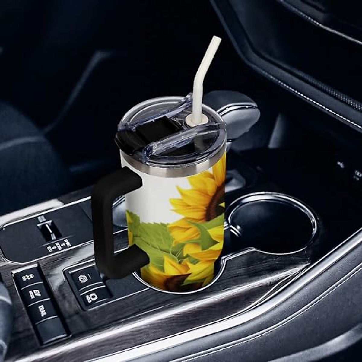 Sunflower 40 Oz Water Bottle, Stainless Steel Tumbler with Handle And Straw, Extra Large Insulated Tumbler, Flip Straw Tumblers for Sports, Work, Car, Travel And Weekends