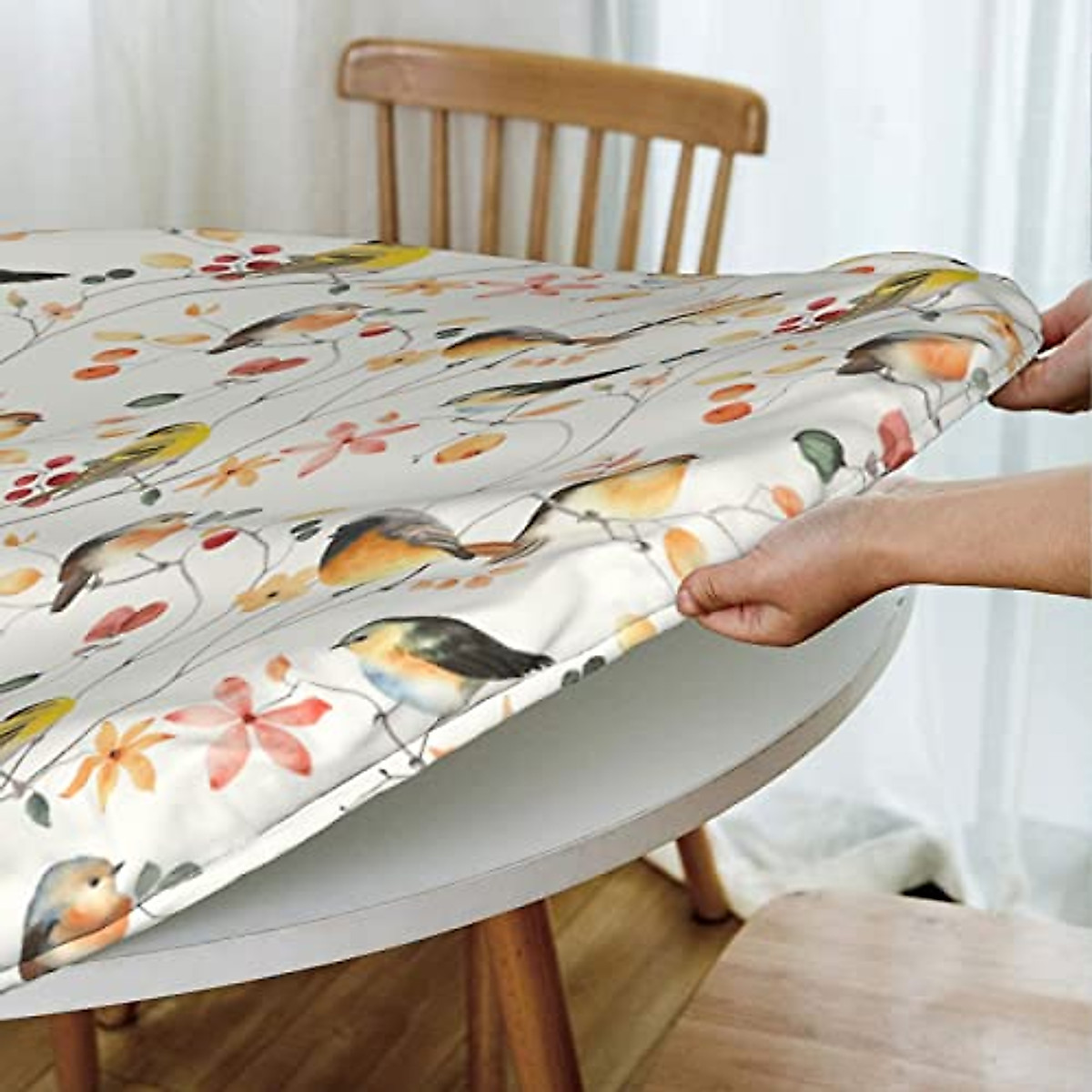 Elastic Edged Round Bird Fitted Table Cloth Cover, Home Decorative Tablecloth for Indoor Outdoor Kitchen Party, Fits 40" - 44" Tables, Small