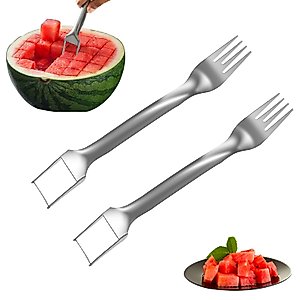 Aphrordity 2 Pcs Watermelon Fork Slicer Cutter, Stainless Steel Watermelon Slicer Cutter 2-In-1 Summer Watermelon Fruit Cutting Fork, for Home Party Camping Kitchen Gadget
