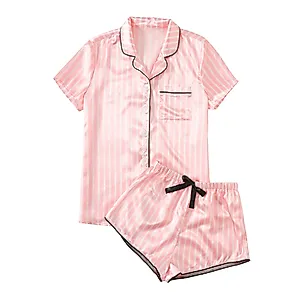 WDIRARA Women's Satin Sleepwear Short Sleeve Button Shirt and Shorts Pajama Set Silky PJ Striped Pink XL