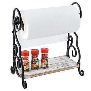 MyGift Black Metal Countertop Paper Towel Holder with Decorative Scrollwork Design and Whitewashed Wood Condiment Rack Storage Display Shelf