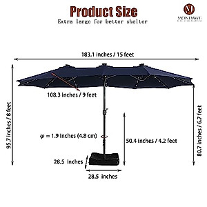 MONDAWE 15ft Double Sided Patio Umbrella with Solar Lights (Base Included) Large Outdoor Table Umbrella Rectangular Market Umbrella with Hand Crank 36 LED 12 Ribs for Outside Backyard Poolside