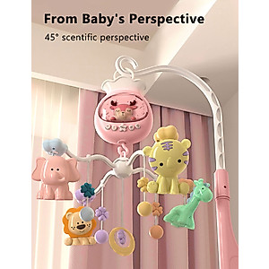 BSROLUNA Baby Crib Mobile with Music and Lights, Baby Mobile for Crib with Remote Control, Hanging Rotating Animal Rattles, 50 Songs and Timing Function, Cartoon Baby Crib Toys for Girls (Baby Pink)