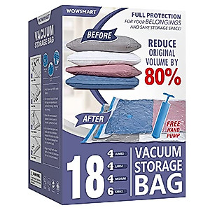 18 Space Saver Vacuum Storage Bags, Vacuum Sealed Storage Bags (4 Jumbo/4 Large/4 Medium/6 Small) with Hand Pump, Vacuum Seal Bags for Clothing, Comforters, Pillows, Towel, Blanket Storage, Bedding