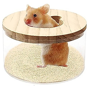 Tfwadmx Hamster Sand Bath Box, Container Transparent Beds, Hamster Bathroom & Digging Room ransparent Acrylic Small Animals Shower Bathtub with Wooden Cover for Mice Gerbil Squirrel (Large)