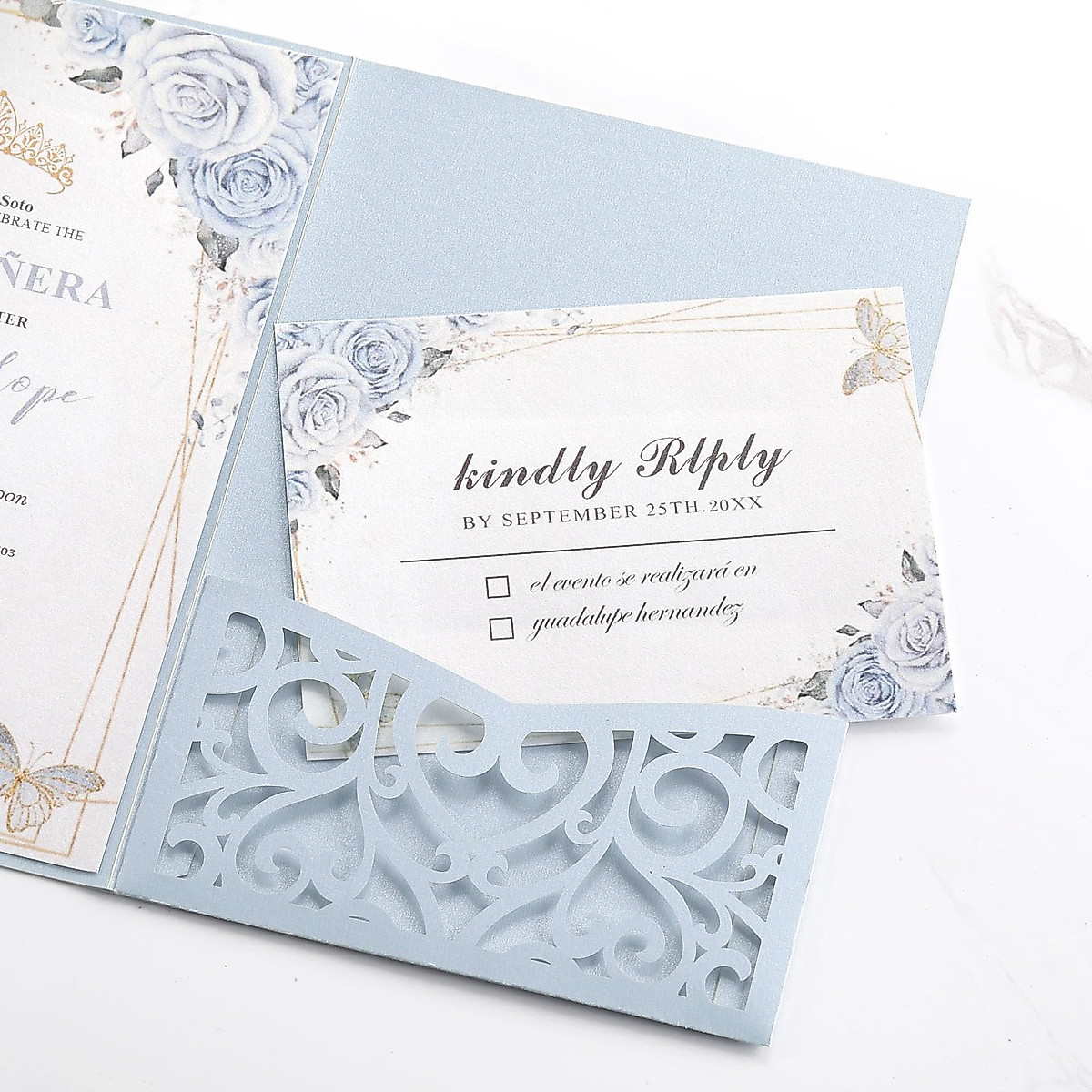 Wedding Invitations with Envelopes and RSVP Cards, Light Blue Laser Cut Invitation Pocket Blank Invitations with Envelopes and Stickers, Bridal Shower Card Birthday Party Invitations Custom 50 PCS
